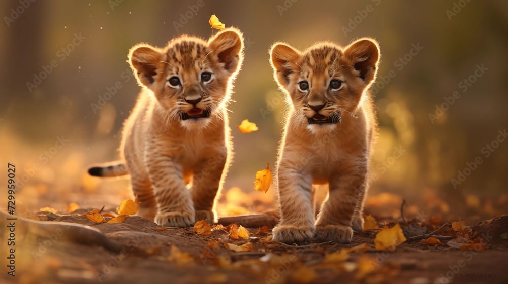 Playful baby lion cubs batting at butterflies in the African savanna ...
