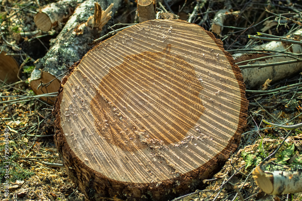 Cut down the trunks of a common pine tree at a logging site, saw cut ...