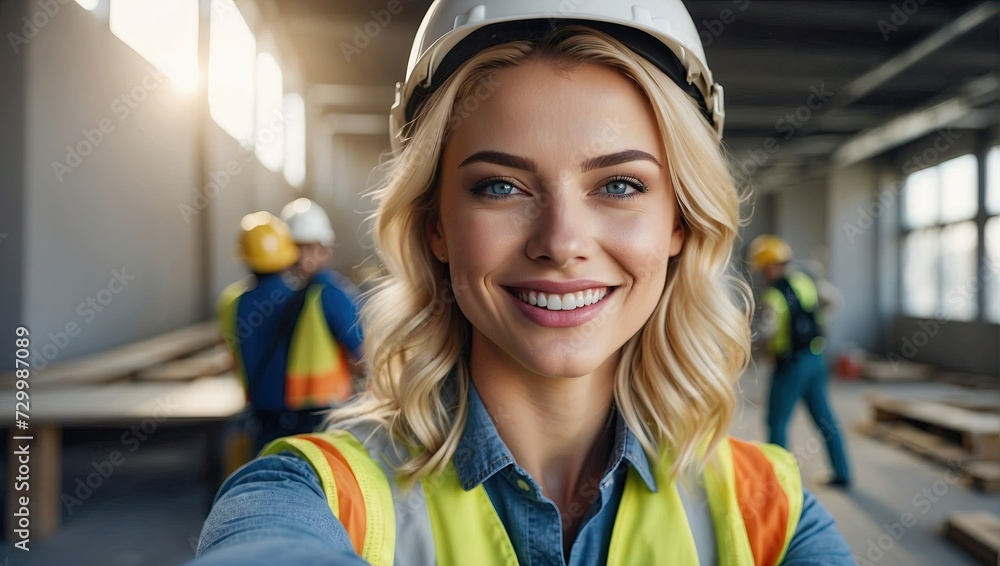 Portrait of a young blonde white female engineer smiling confidently at a construction site ...