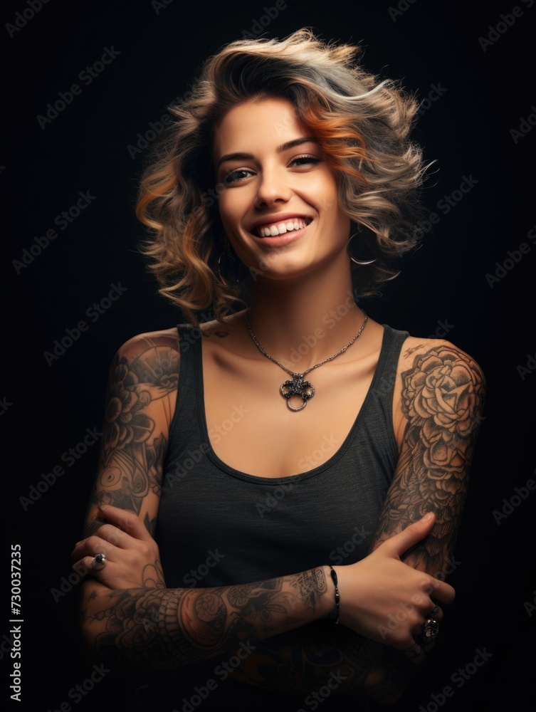 young girl with tattoo smiles. portrait of a generation Z girl. drawing ...