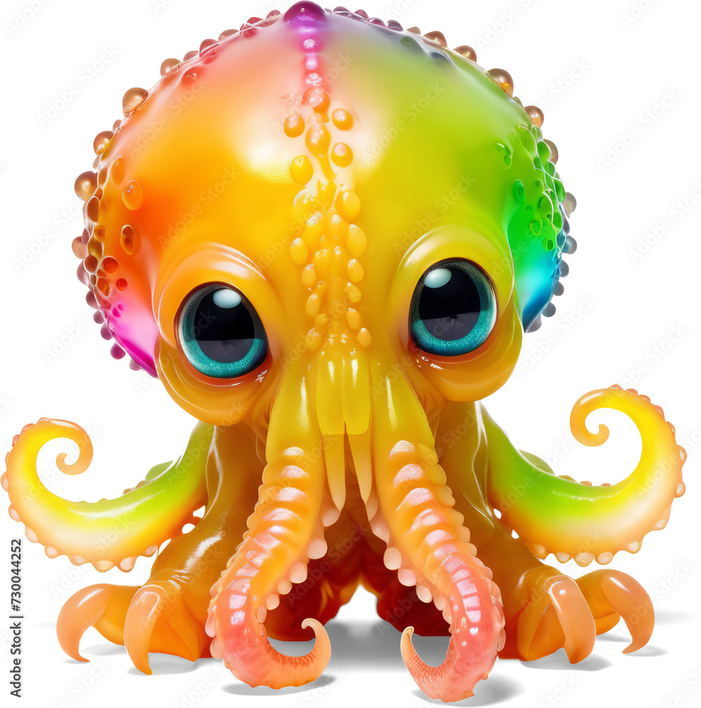 Rainbow yellow orange colorful baby octopus-creature with huge curious ...