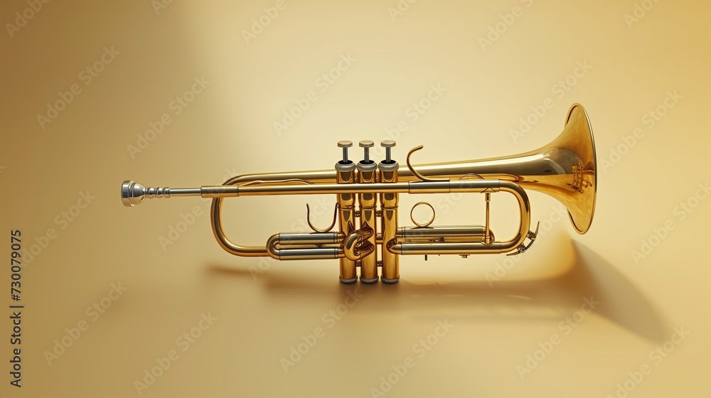 Against a clean and isolated background, a gleaming trumpet stands as a ...