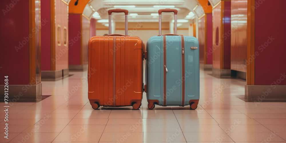 luggage inside a shopping mall in the style of dark orange and amber ...