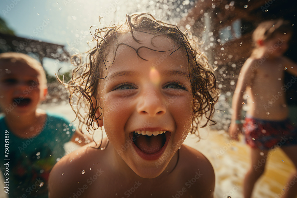 Summer holidays children in aquapark having fun sliding water splash ...