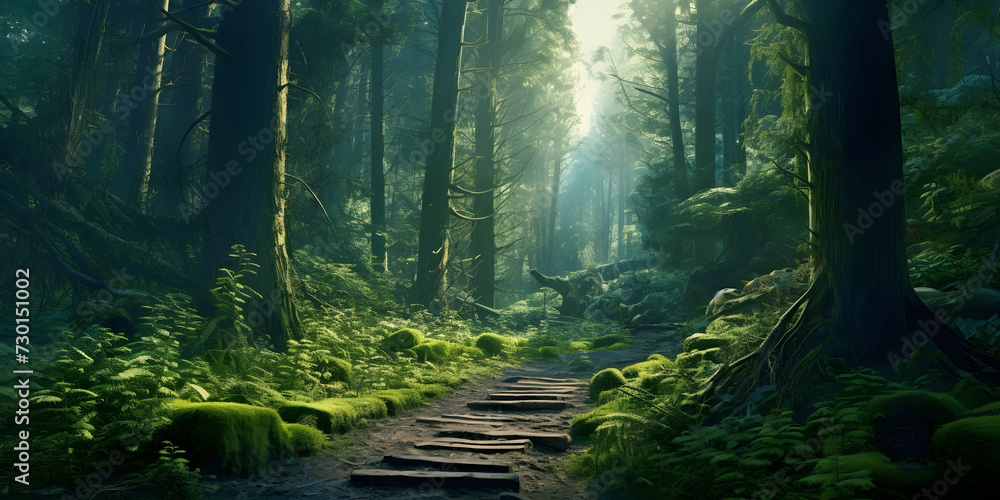 Ancient path through the deep green forest - gorgeous tall pine trees ...