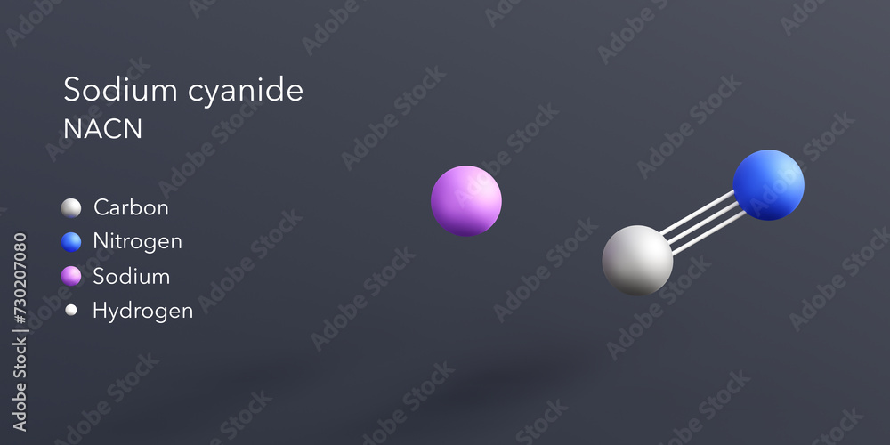 sodium cyanide molecule 3d rendering, flat molecular structure with ...