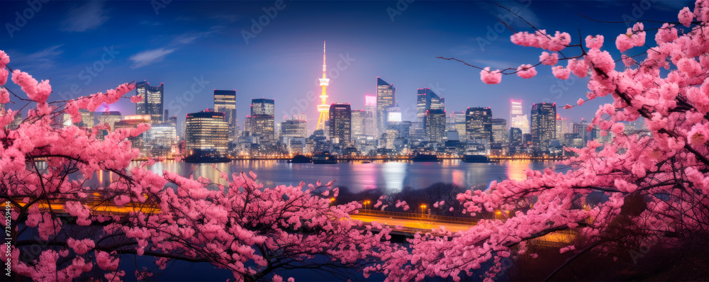 Panoramic landscape of nighttime Tokyo with sakura branches shrouded in ...