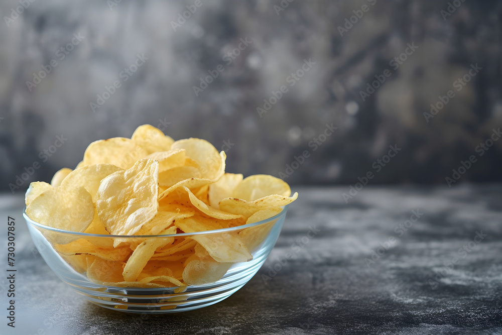 potato chips in a bowl on the table. minimalistic. copy space. glass ...