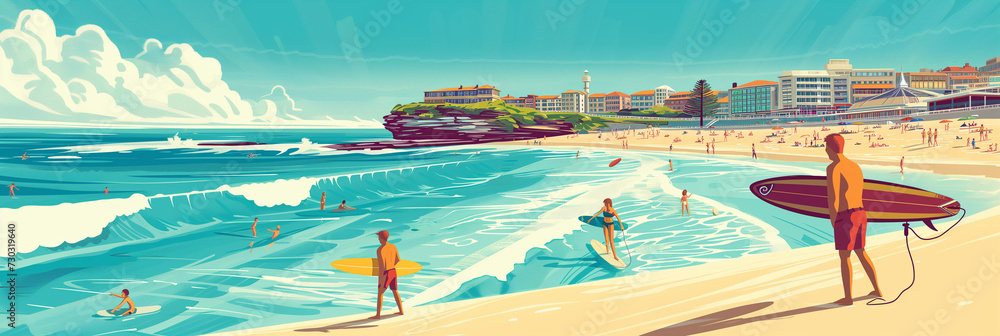 Vibrant Bondi Beach Panorama with Surfers and Azure Waves: A Stylized ...