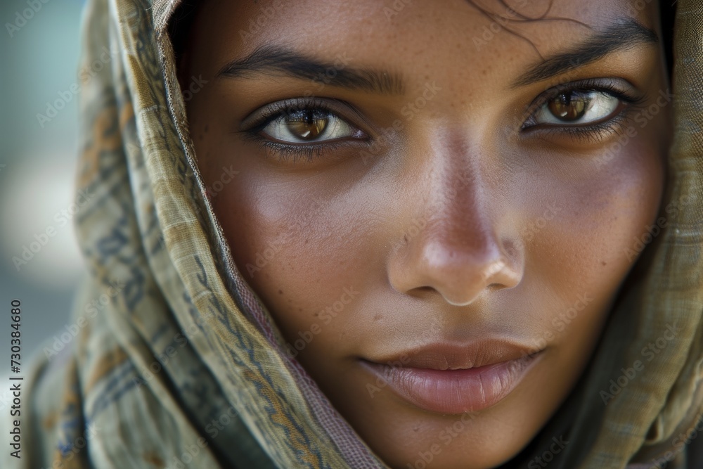 A fierce woman braves the elements with a scarf wrapped tightly around ...