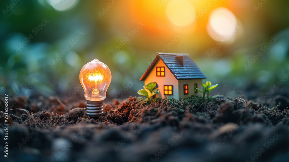 Small house model and light bulb on the ground for real estate idea ...