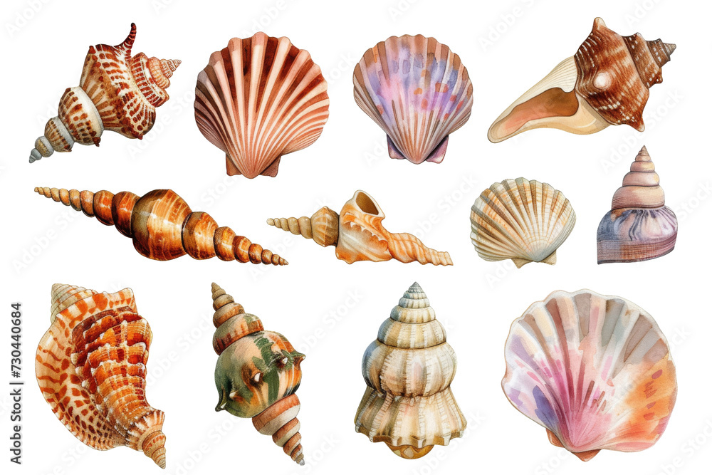 Watercolor set of different seashells isolated transparent background ...