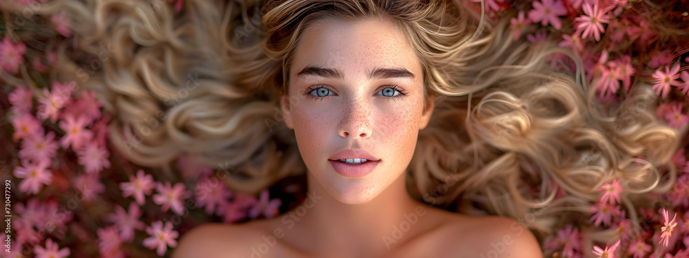 Beautiful woman lying in flowers. Fantasy girl portrait. Skincare and ...