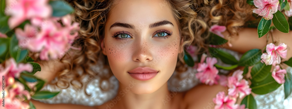 Beautiful woman lying in flowers. Fantasy girl portrait. Skincare and ...