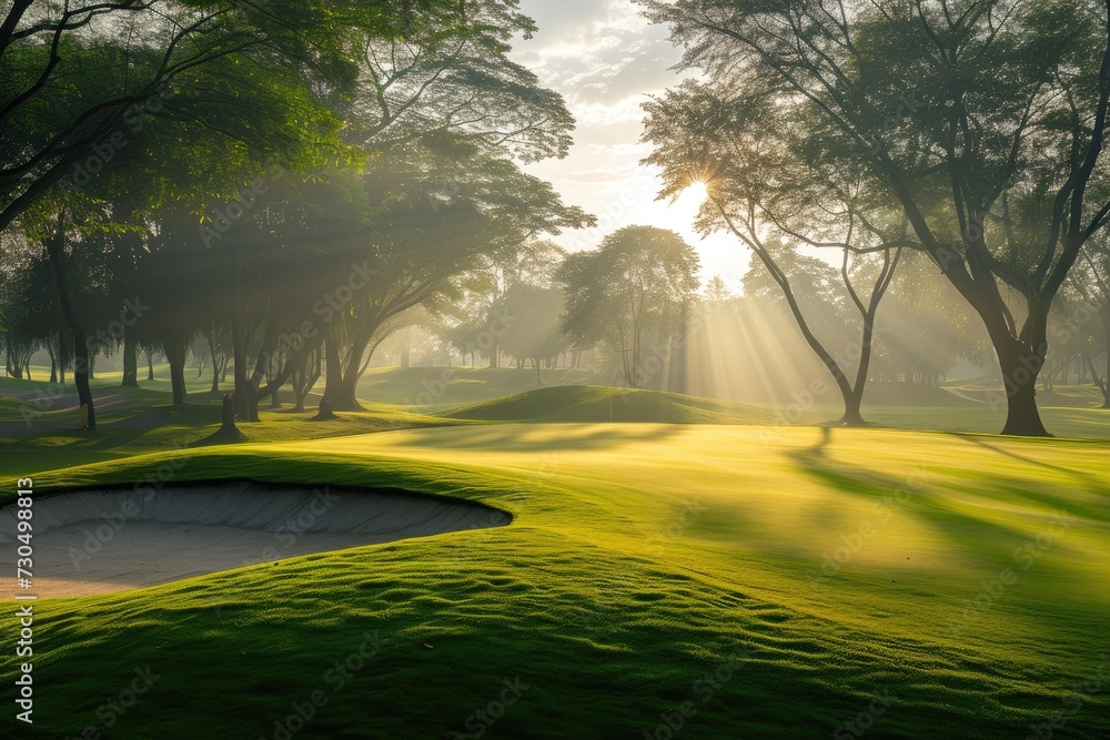 Gorgeous morning landscape at golf course with green grass big trees ...