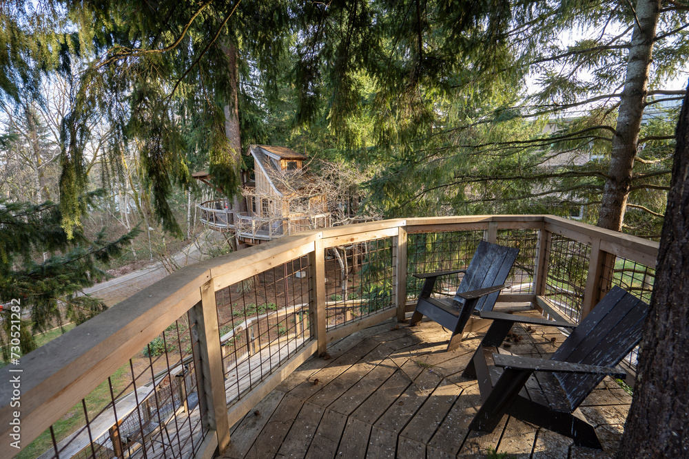 Redmond, WA, USA - Jan 14, 2024: The outdoor deck of one of the three ...