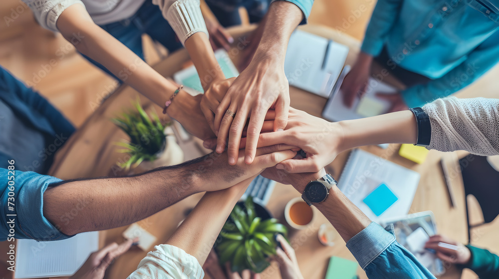 Large group of officers join hands for project cooperation Stock Photo ...