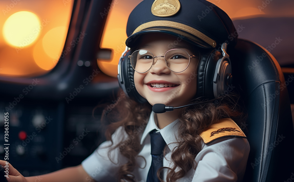 Cute little girl wearing an airplane captain outfit with a hat. Child ...