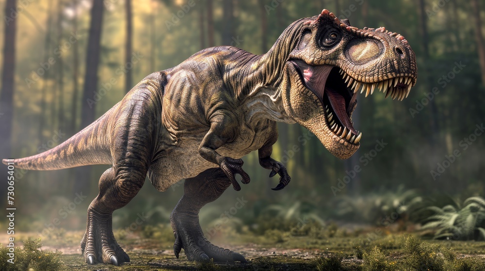 Angry Tyrannosaurus rex roars in prehistoric plains, its mighty ...