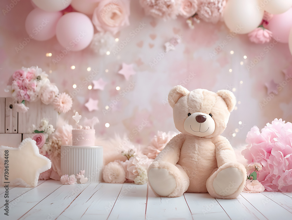 Pink Teddy Bear Digital Background for Baby Birthday Cake Smash Studio ...