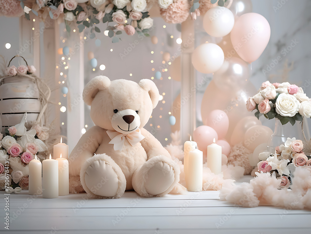 Pink Teddy Bear Digital Background for Baby Birthday Cake Smash Studio ...