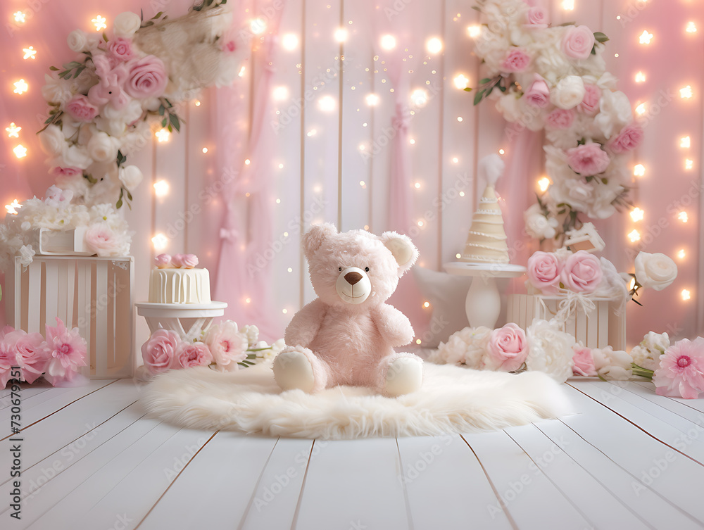 Pink Teddy Bear Digital Background for Baby Birthday Cake Smash Studio ...