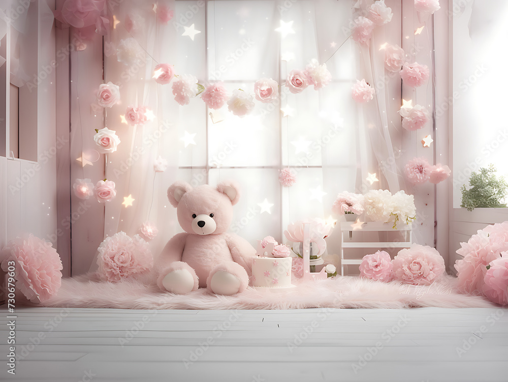 Pink Teddy Bear Digital Background for Baby Birthday Cake Smash Studio ...