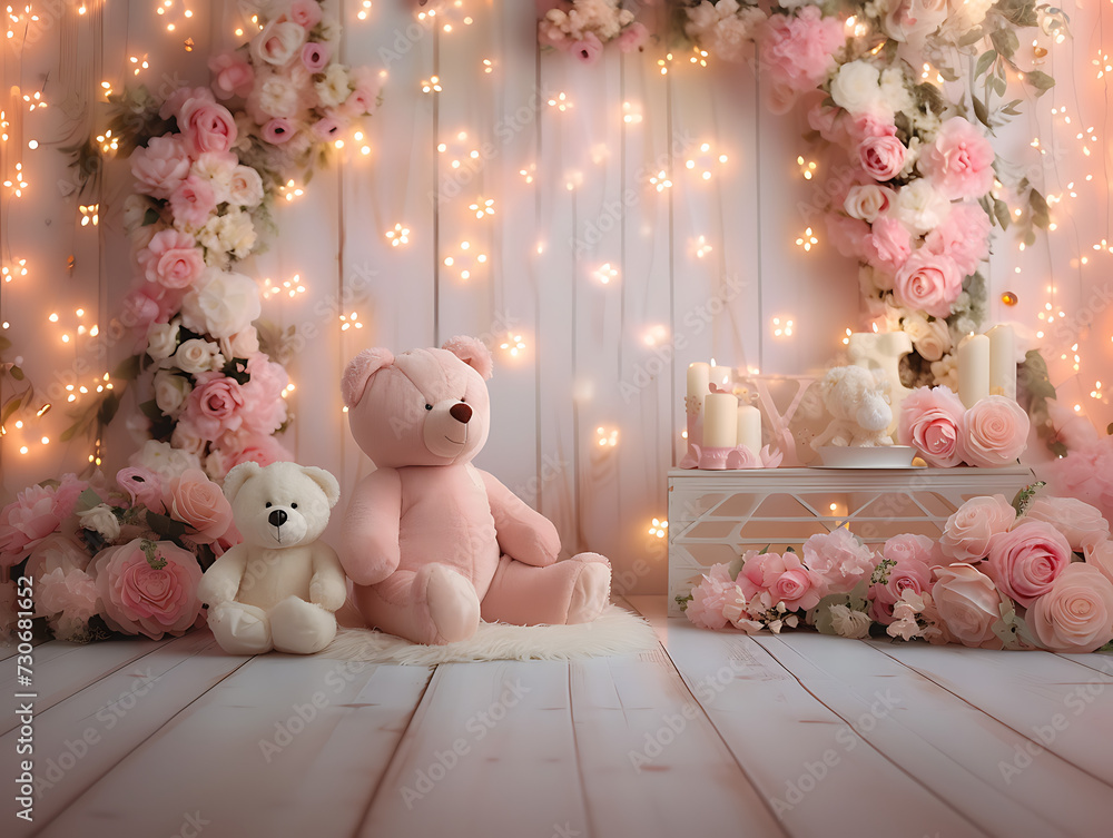 Pink Teddy Bear Digital Background for Baby Birthday Cake Smash Studio ...