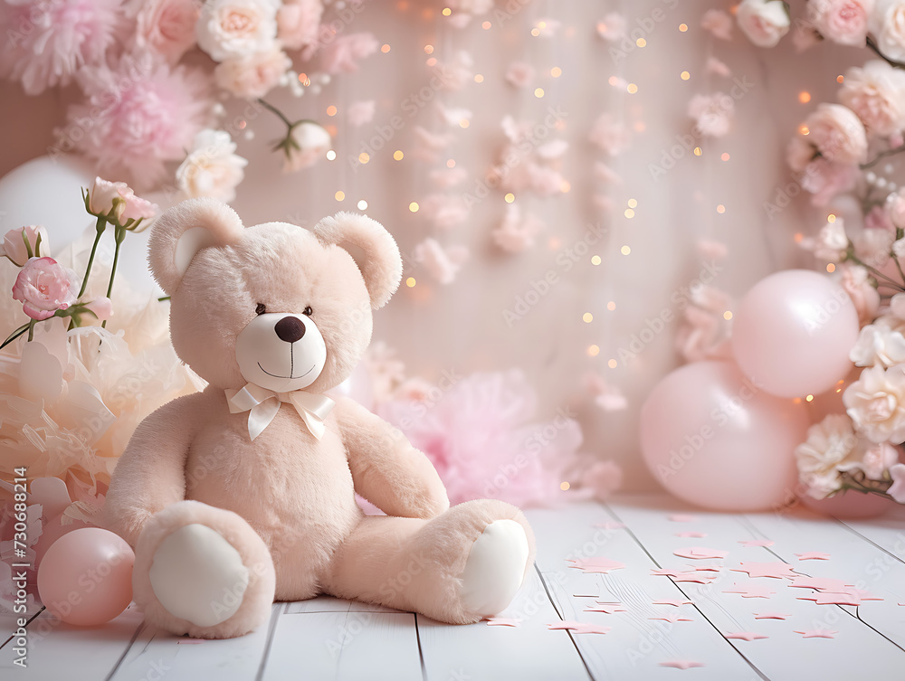 Pink Teddy Bear Digital Background for Baby Birthday Cake Smash Studio ...