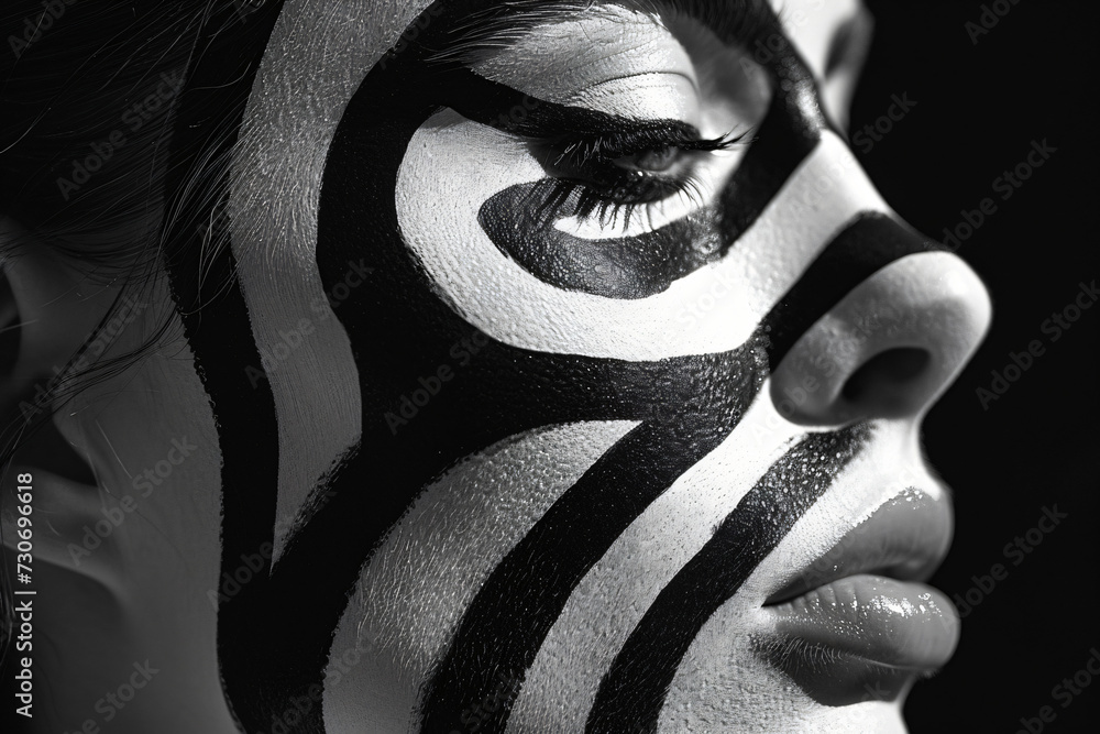 woman is painted with geometric stripes designs, in the style of ...