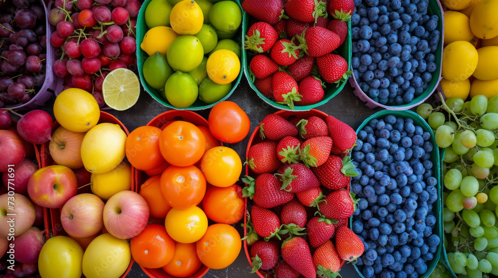 Healthy food. Various vibrant color fruits , top view, creative flat ...