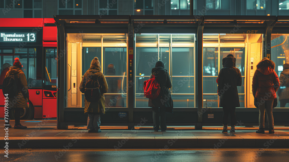 Ilustración de Stock People waiting for bus at the bus stop. Travel ...