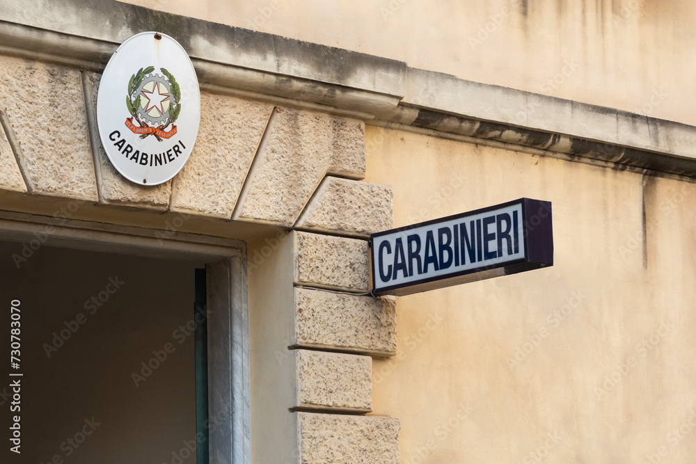 The signs at the entrance of a Carabinieri barracks, the Italian police ...