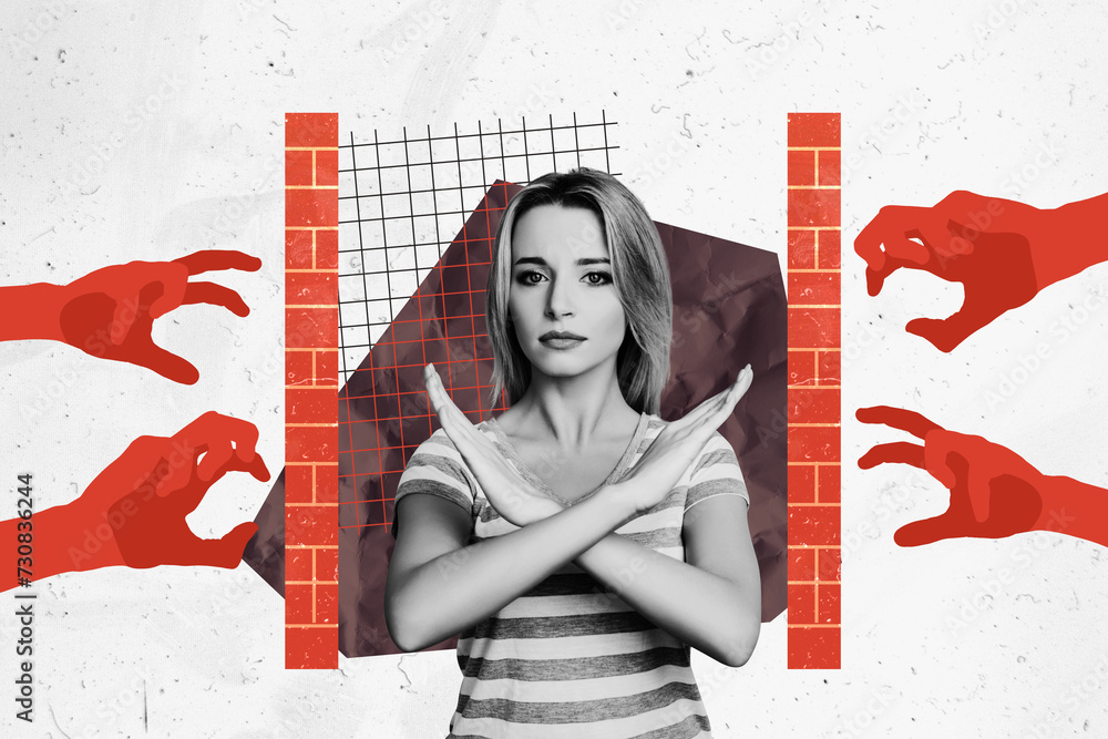 Collage young girl showing block gesture crossed hands brick walls ...