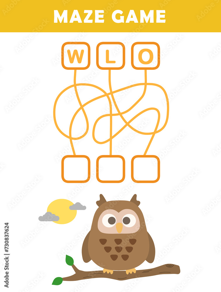Word maze worksheet for kids with cute owl illustration. Labyrinth game ...