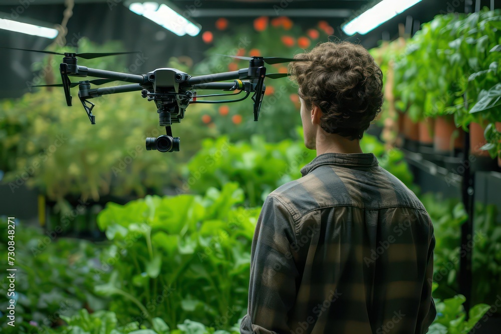 Man controlling AI powered drone in indoor vertical farming hydroponics ...