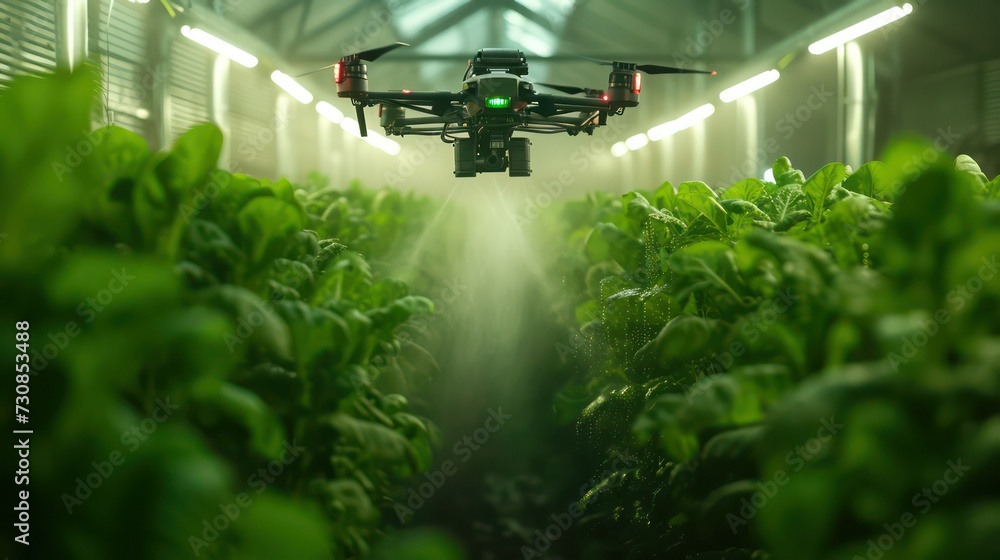 AI powered drone spraying pesticides over crops in indoor vertical ...