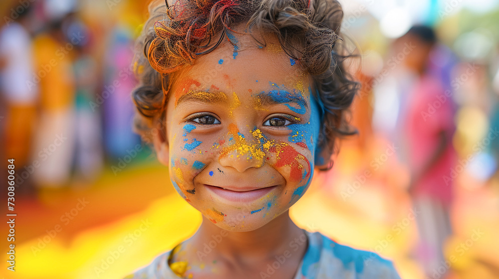 portrait of Indian child at holi festival, child is painted with holi ...