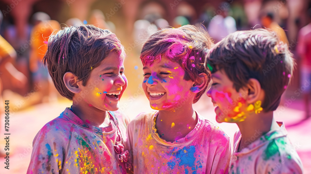Kids smearing colour powder to each other face during holi celebration ...