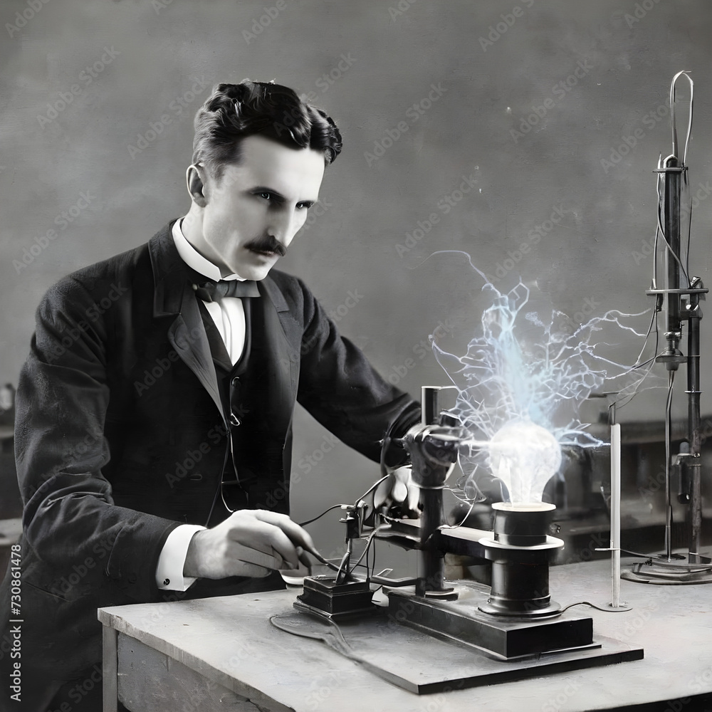 Nikola Tesla, Great inventor and Scientist doing experiment in the lab ...