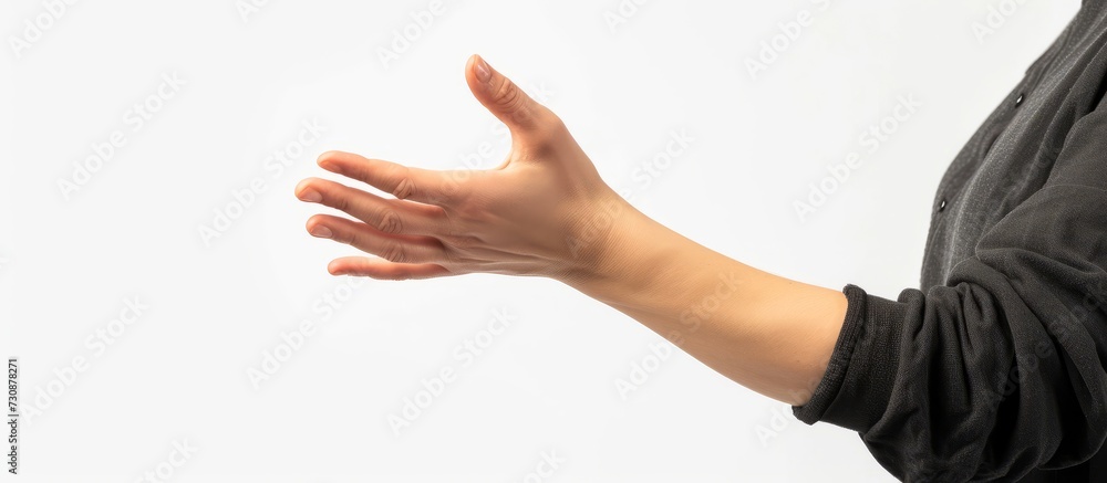 The person extends their arm, making a gesture with their hand, and ...