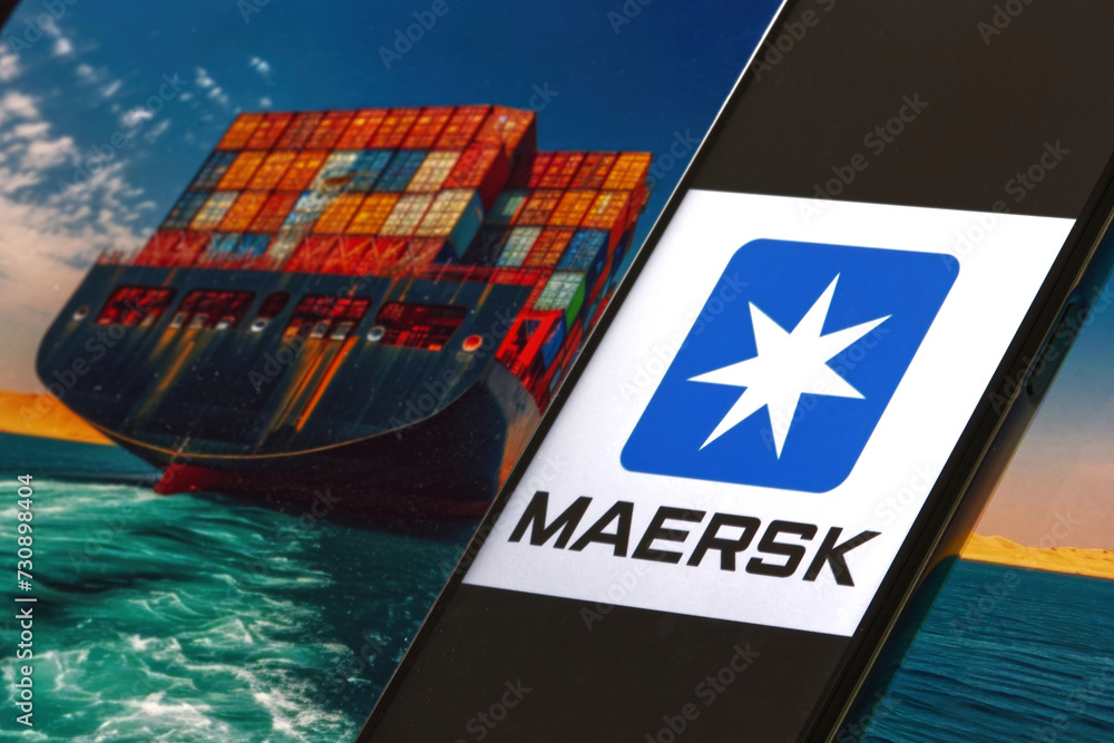 Maersk company logo seen on smartphone display against blurred ...