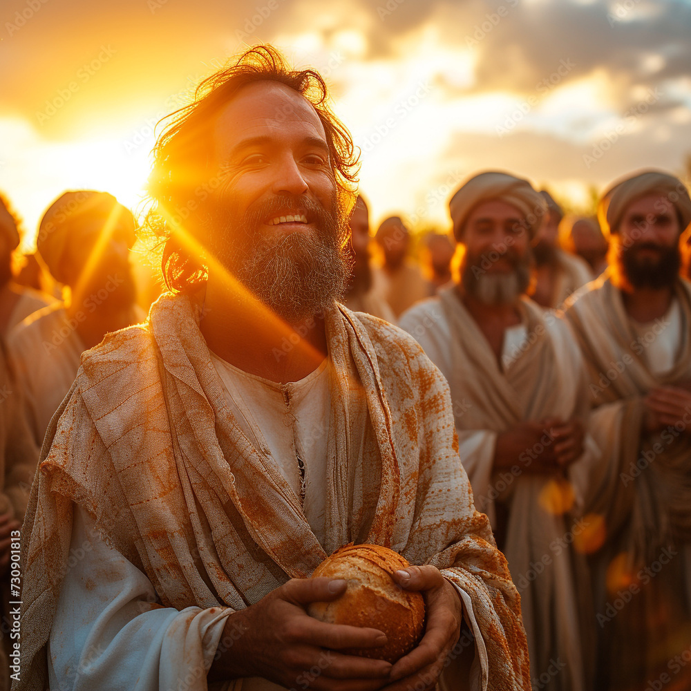 Multiplication of the loaves by Jesus Christ. Gospel story. Christian ...