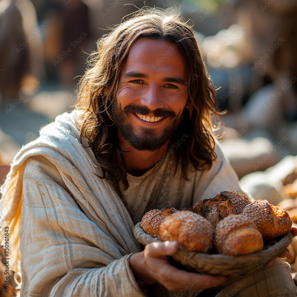 Photo Stock Jesus Christ holds bread. The parable of the multiplication ...