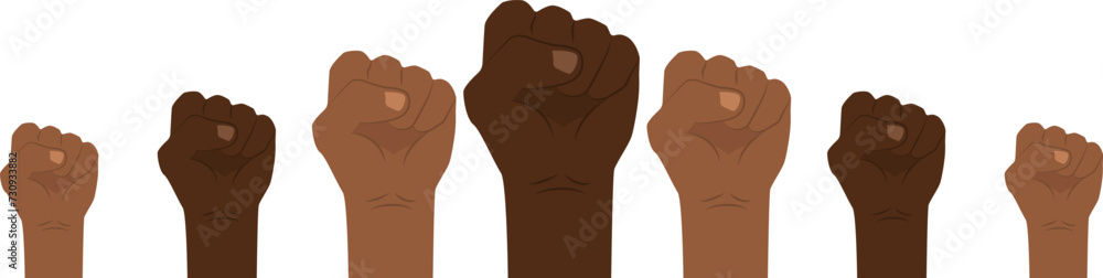 Hands up. Raised fists of multicultural people of different skin tones ...