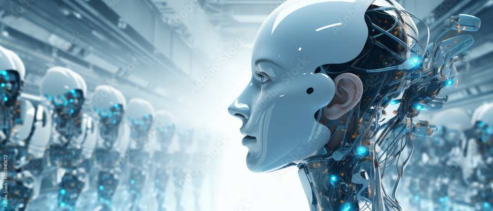 Robot cyborg woman with a wires sticking out in flow of digital ...