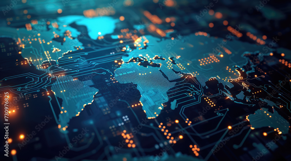 A glowing, orange digital world map overlays a dark, intricate circuit ...