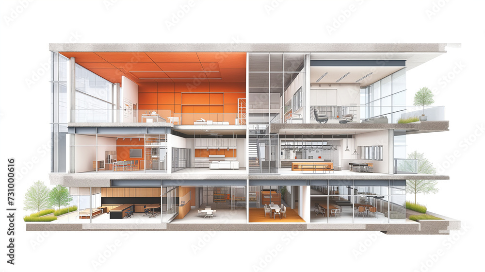 Architectural plan scheme of a Modern office building, cutaway Stock ...