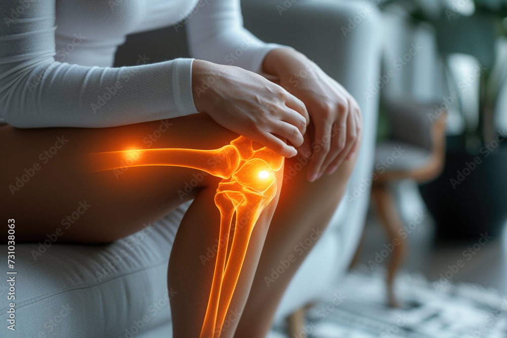 Knee pain, joint inflammation, bone fracture, woman suffering from ...