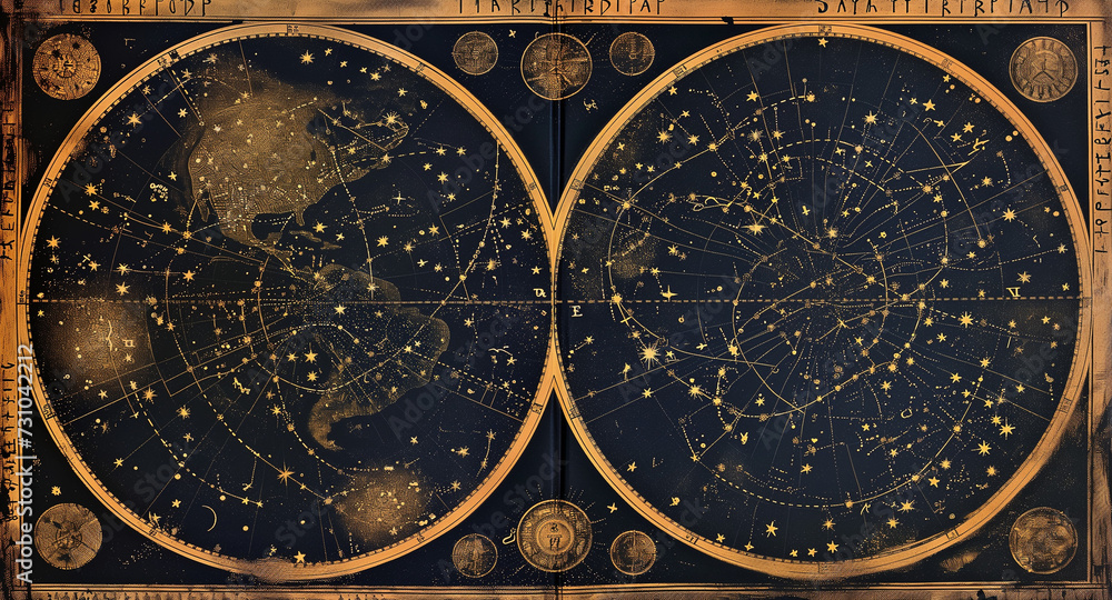 Ancient star map with an old representation of constellations and stars ...